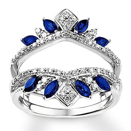 V Touch Round Cut Created Blue Sapphire & CZ Engagement Enhancer Wrap Wedding Band Ring Guard for Womens 925 Sterling Silver 14K White Gold Plated