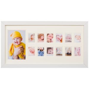 wood side orbis my first year photo moments baby keepsake frame with double mat, stand and hangers, gift for mother or parents - white