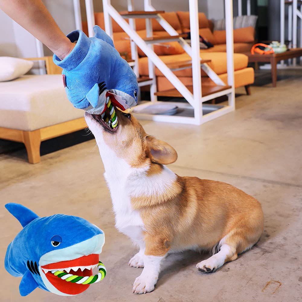 Squeaky Plush Dog Toy,Funny Stuffed Dog Rope Toy for Small Medium Dogs,Cute Puppy Teething Chew Toy for Interactive Training,Durable Dog Tug Toy for Boredom and Stress,Soft Shark Pet Toy with Squeaker