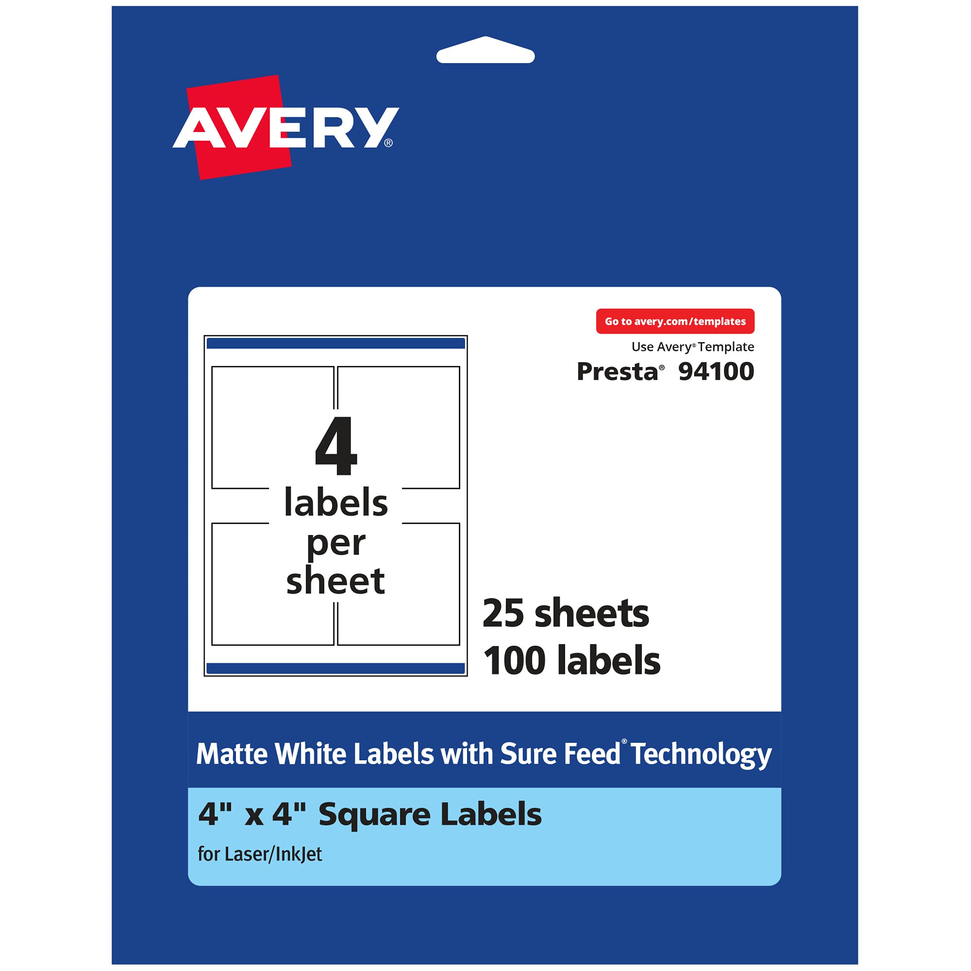 Avery Matte White Square Labels with Sure Feed, 4" x 4", 100 Matte White Printable Labels