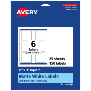 avery matte white square labels with sure feed, 3" x 3", 150 matte white printable labels