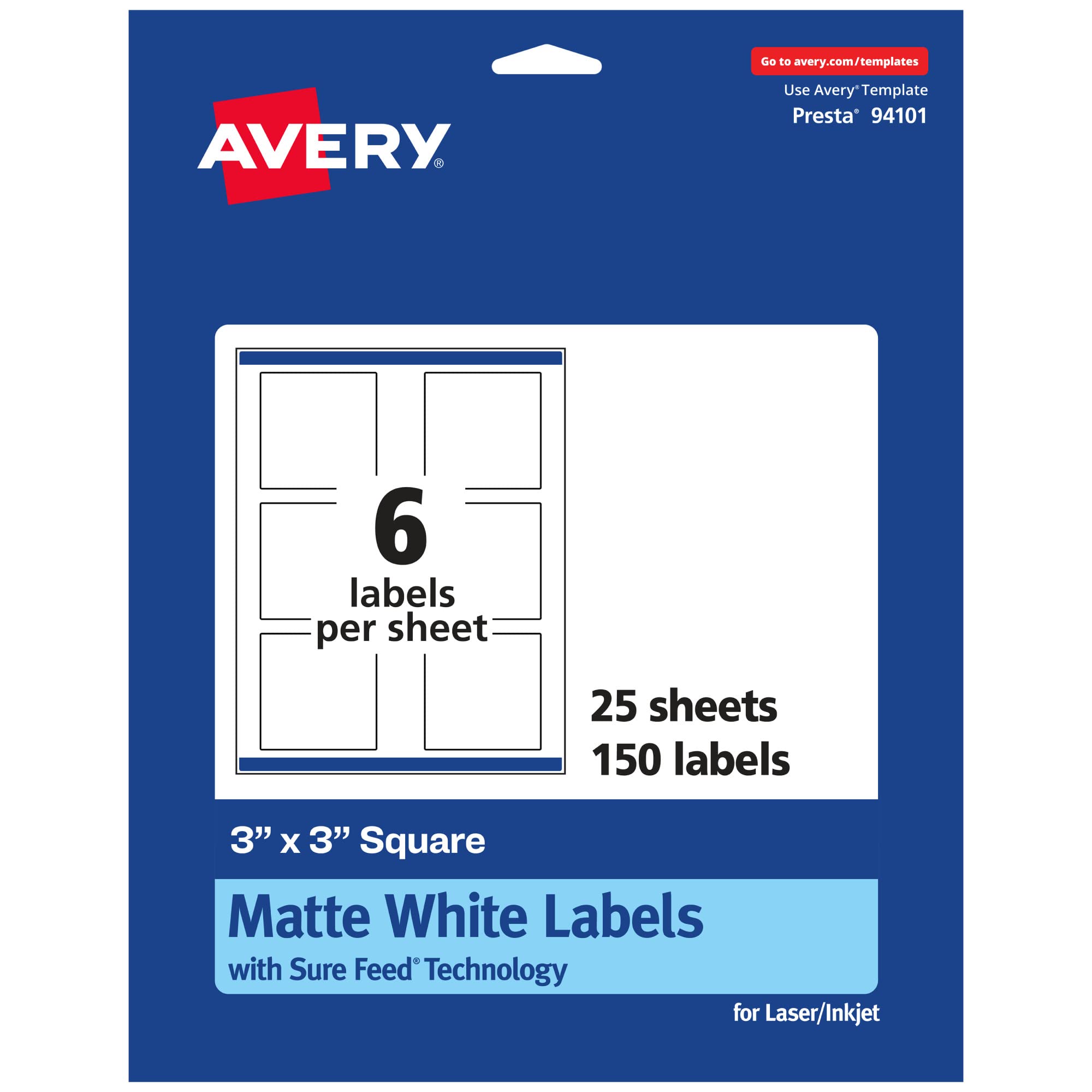 Avery Matte White Square Labels with Sure Feed, 3" x 3", 150 Matte White Printable Labels