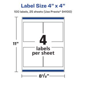 Avery Matte White Square Labels with Sure Feed, 4" x 4", 100 Matte White Printable Labels