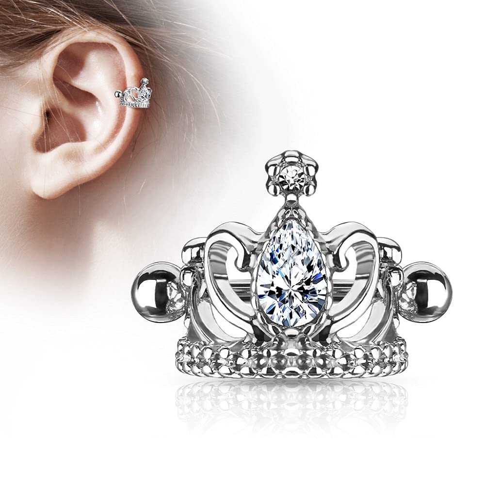 16GA Stainless Steel Tear Drop CZ Crystal Tiara Cartilage Helix Cuff Earring (Silver Tone)