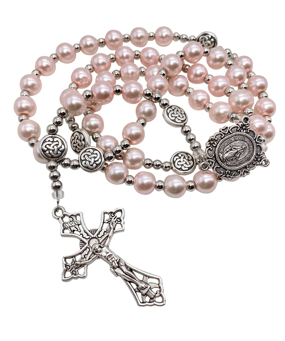 Nazareth Store Pink Beads Rosary Necklace Strong Pearl Beaded Catholic Rosary with Our Lady of Graces Medal and Cross