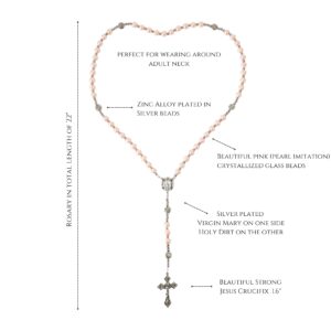 Nazareth Store Pink Beads Rosary Necklace Strong Pearl Beaded Catholic Rosary with Our Lady of Graces Medal and Cross