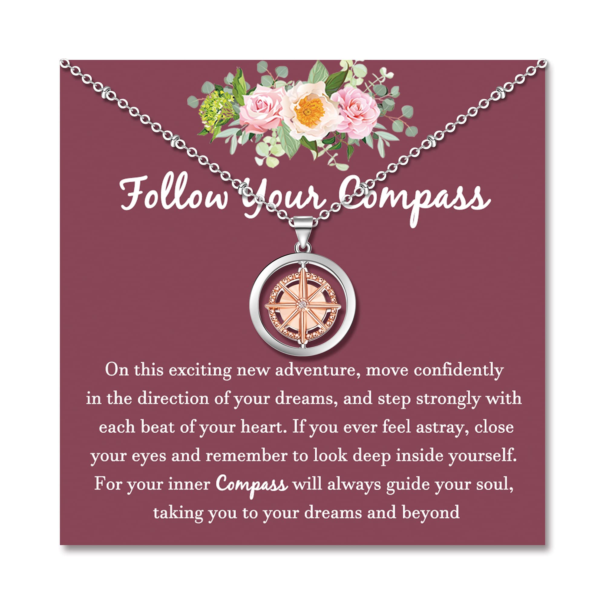 Shonyin Rotate Compass Necklace for Women Coworker Leaving Gifts for Women Graduation 2024 Birthday Travel Inspirational Retirement Goodbye New Job Jewelry Gifts sobriety gifts for women