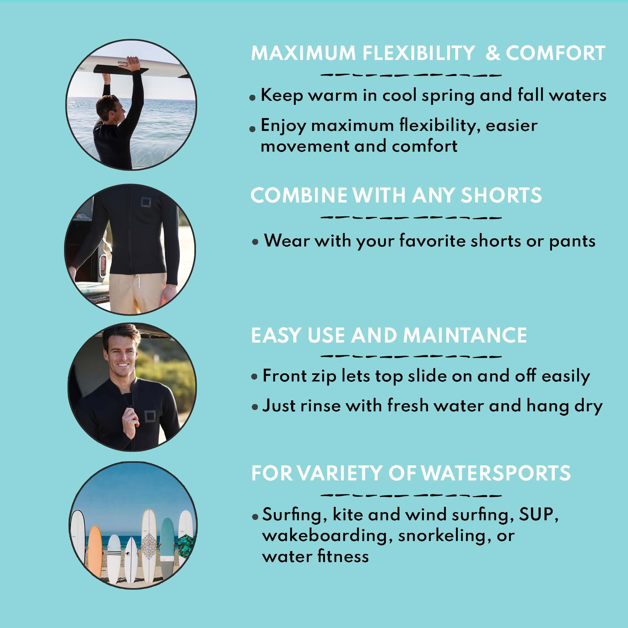 Surf Squared Mens Wetsuit Top Jacket 2mm or 3mm - Neoprene Long Sleeve for Warmth & Comfort- Surfing, Snorkeling, All Watersports - w/Extended Back Flap - X-Large - 2MM