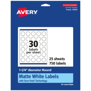 avery matte white round labels with sure feed, 1.25" diameter, 750 matte white printable labels