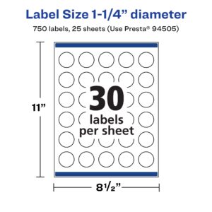 Avery Matte White Round Labels with Sure Feed, 1.25" Diameter, 750 Matte White Printable Labels