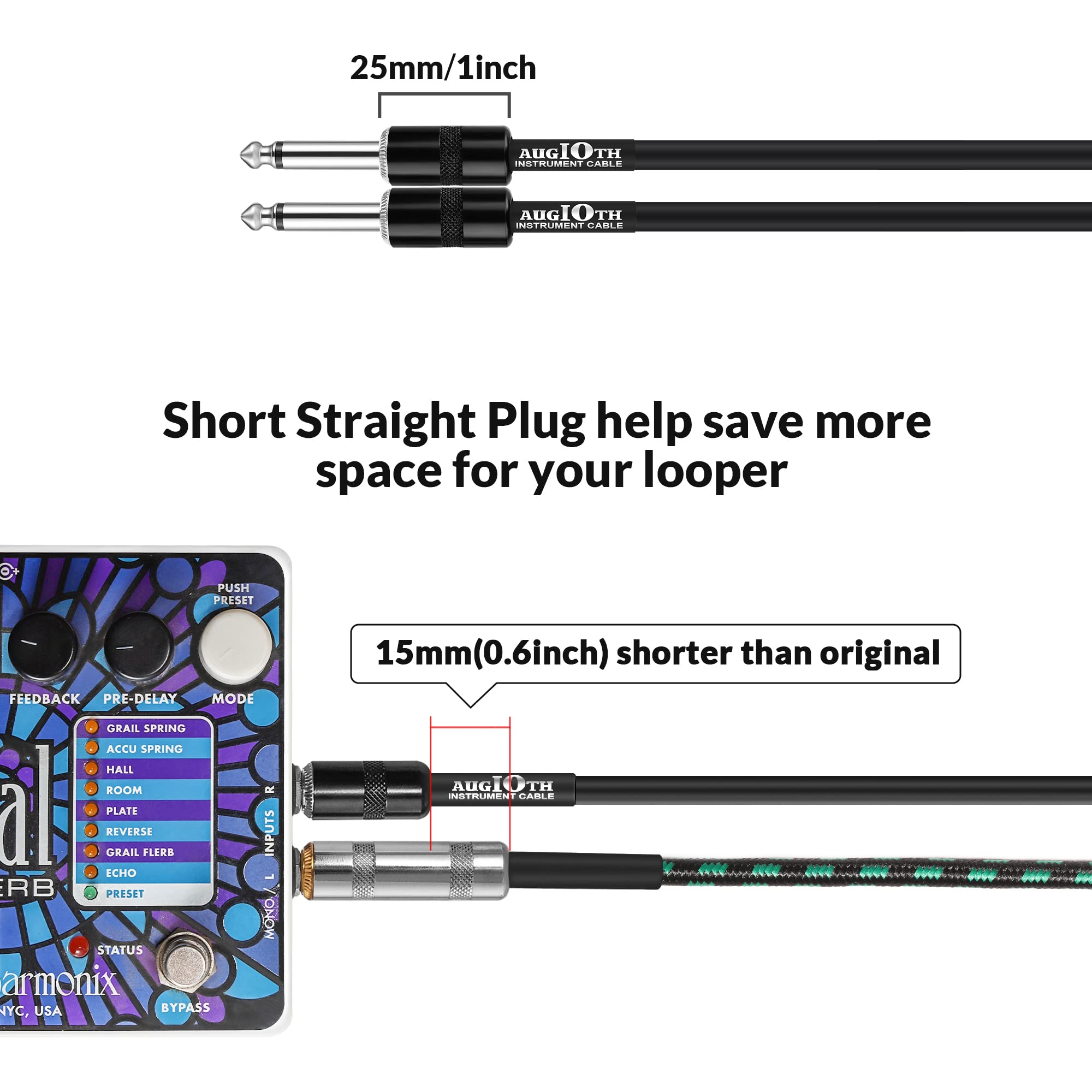 Augioth 12 Inch Guitar Patch Cable 30 CM Performance Guitar Effect Pedal Cables Straight to Angled 2Pack