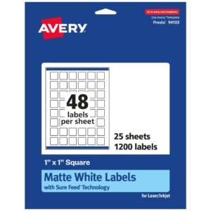 avery matte white square labels with sure feed, 1" x 1", 1,200 matte white printable labels