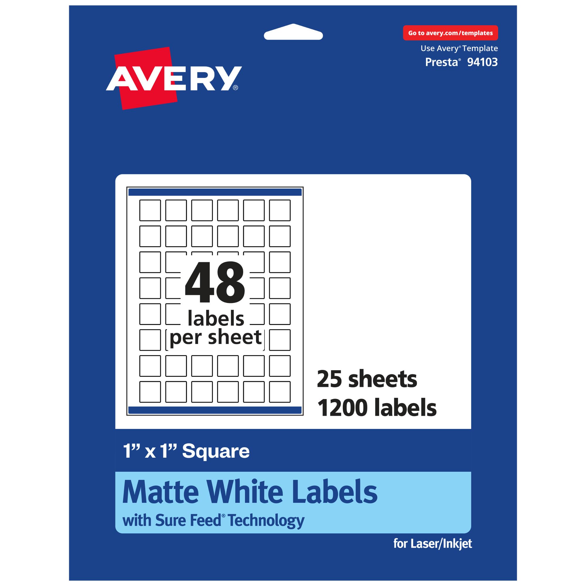 Avery Matte White Square Labels with Sure Feed, 1" x 1", 1,200 Matte White Printable Labels