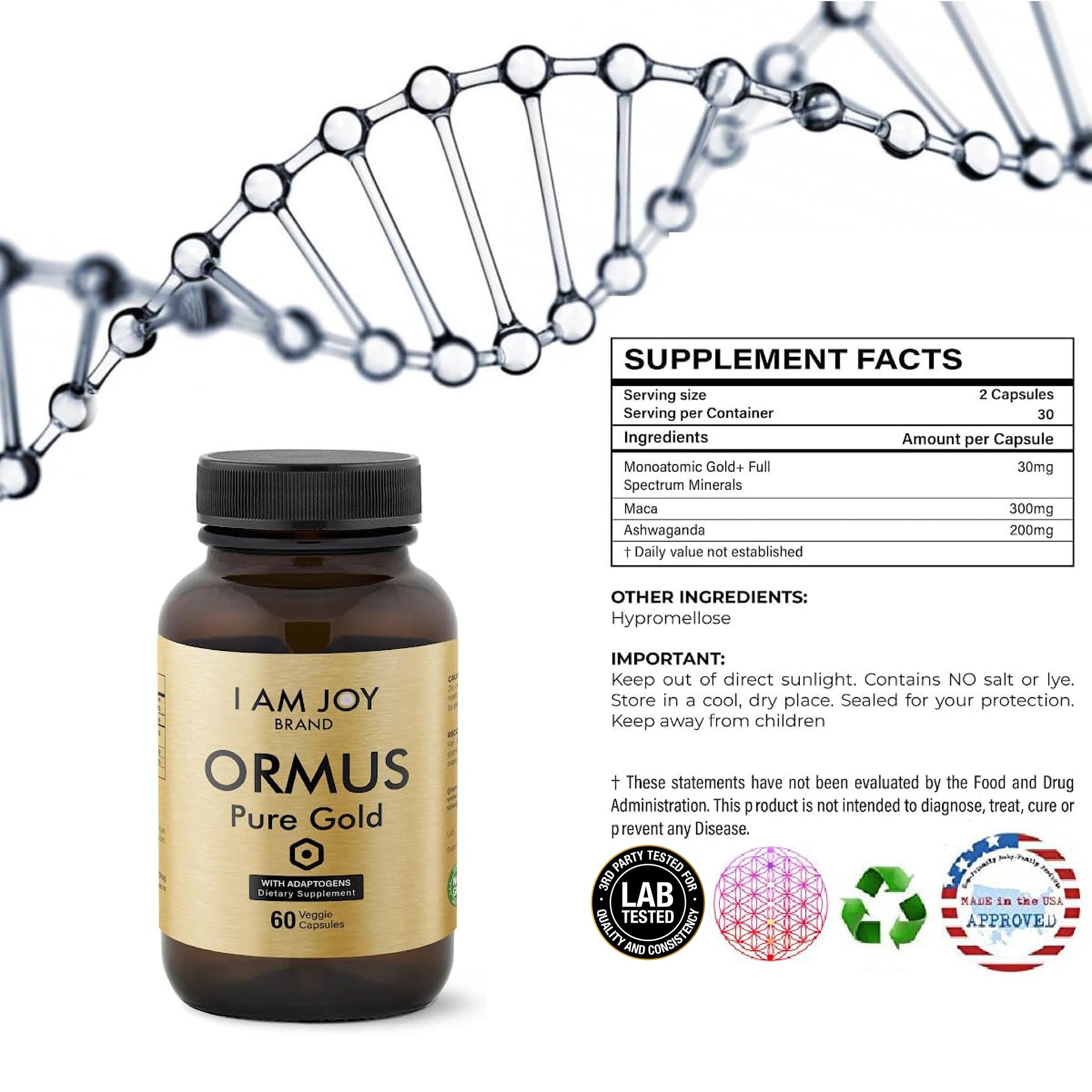 I Am Joy co. Ormus Gold Capsules Monoatomic Elements with Adaptogens Maca and Ashwaganda | May Help Balance Mood, Decalcify Pineal Gland, Repair DNA, Enhance Relaxation - 60 Vegan Capsules