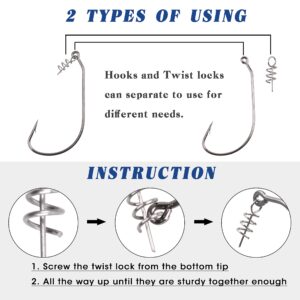 Twistlock Fishing Hooks,50pcs Worm Hooks with Centering Pin Spring Unweighted Swimbait Hooks for Soft Plastic Lures Baits Bass Fishing