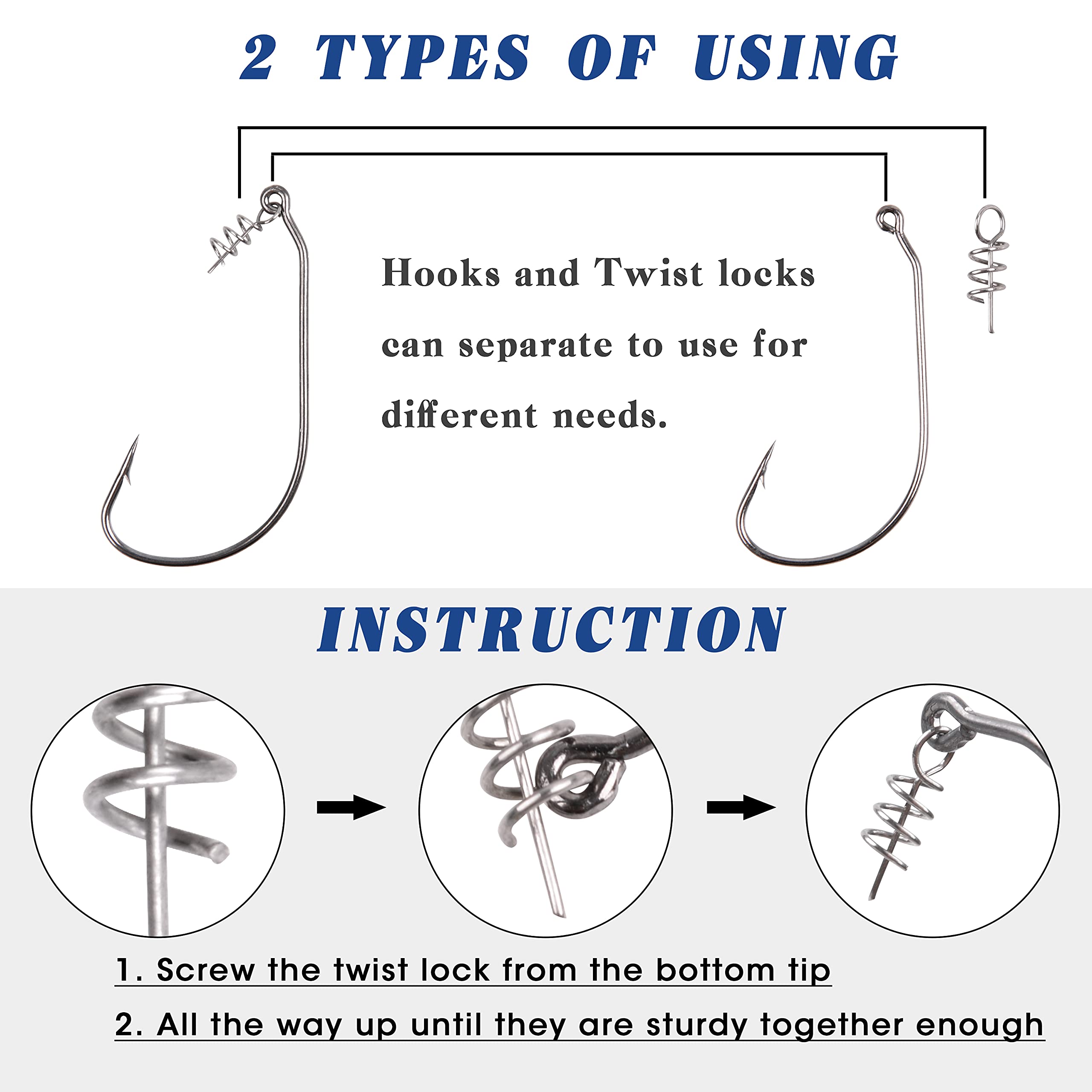 Twistlock Fishing Hooks,50pcs Worm Hooks with Centering Pin Spring Unweighted Swimbait Hooks for Soft Plastic Lures Baits Bass Fishing