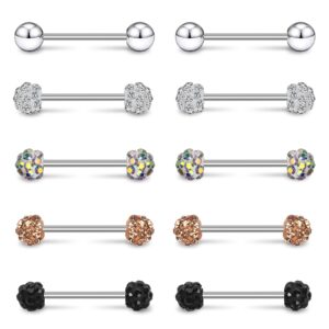 crazypiercing 10pcs cz tongue rings 16g tongue piercing with straight stainless steel barbell bar piercing jewelry 14mm length