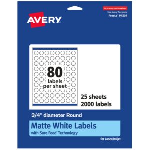 avery matte white round labels with sure feed, 3/4" diameter, 2,000 matte white printable labels