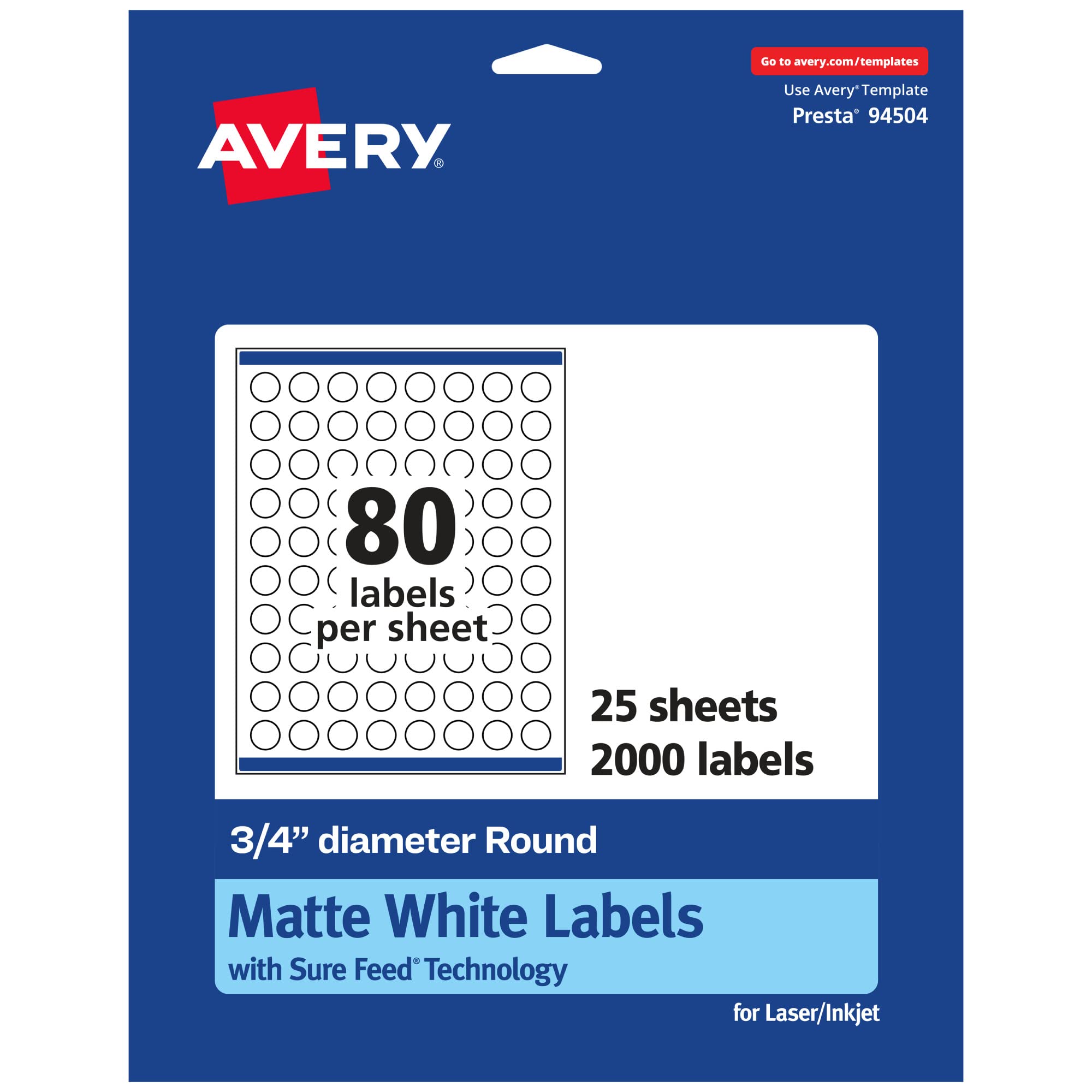 Avery Matte White Round Labels with Sure Feed, 3/4" Diameter, 2,000 Matte White Printable Labels