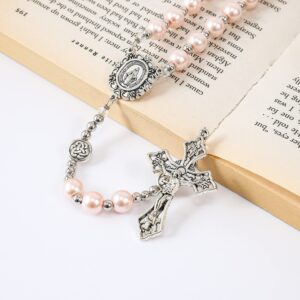 Nazareth Store Pink Beads Rosary Necklace Strong Pearl Beaded Catholic Rosary with Our Lady of Graces Medal and Cross