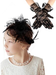 sintege fascinators hat for girl tea party lace gloves black cocktail veil mesh feathers hair clip for kids halloween (cute style)