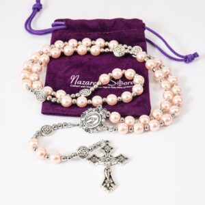 Nazareth Store Pink Beads Rosary Necklace Strong Pearl Beaded Catholic Rosary with Our Lady of Graces Medal and Cross