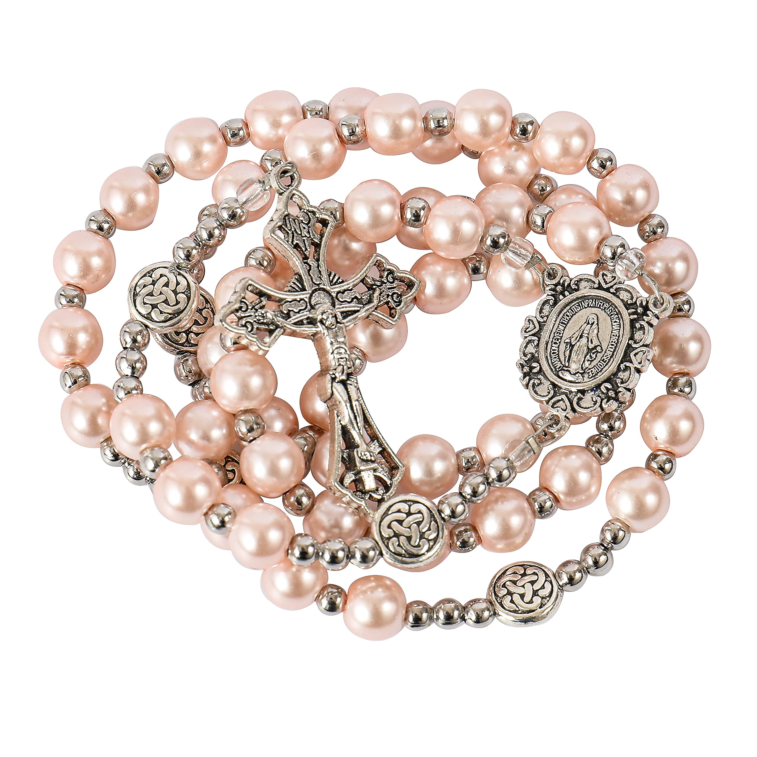 Nazareth Store Pink Beads Rosary Necklace Strong Pearl Beaded Catholic Rosary with Our Lady of Graces Medal and Cross