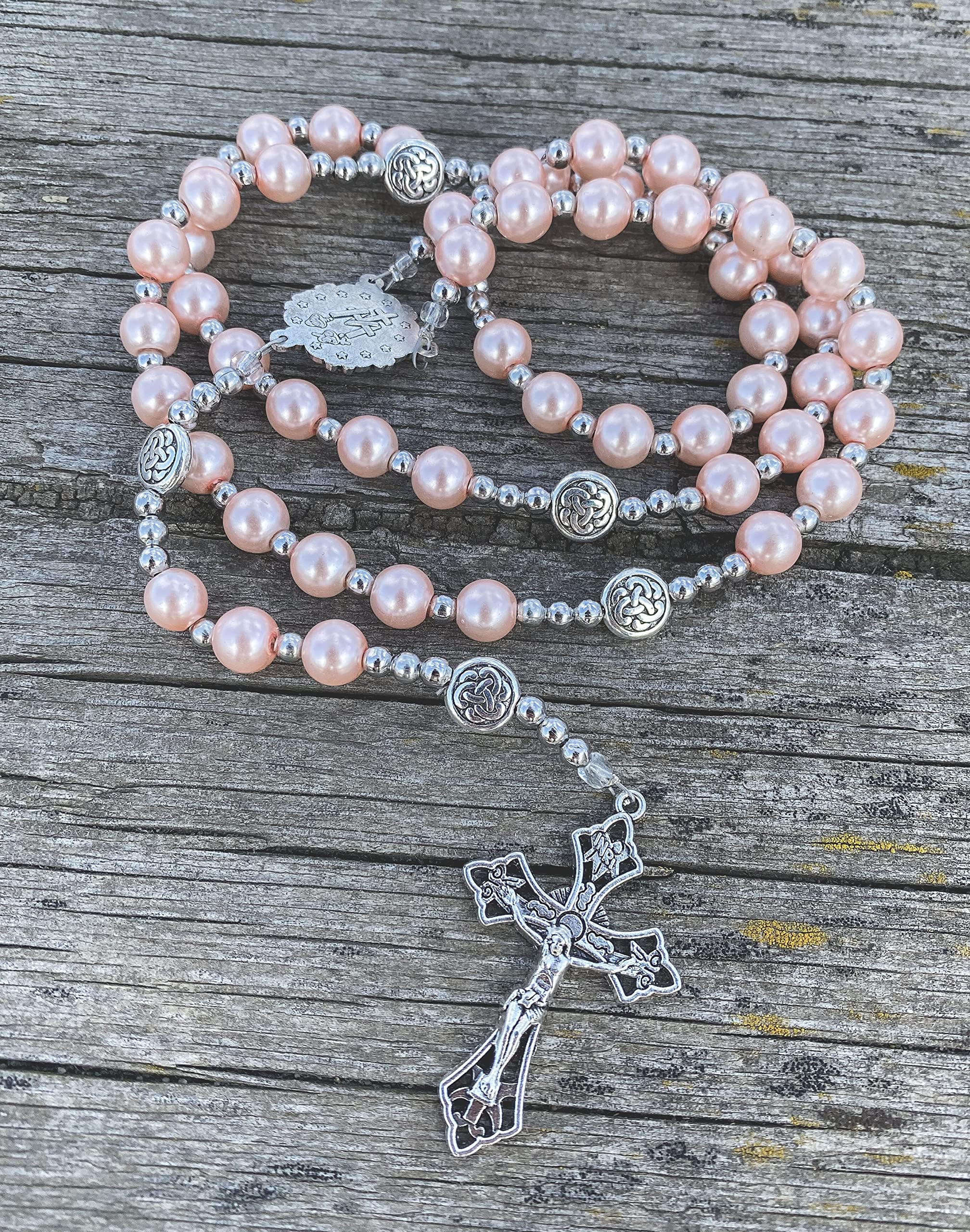 Nazareth Store Pink Beads Rosary Necklace Strong Pearl Beaded Catholic Rosary with Our Lady of Graces Medal and Cross