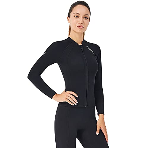 Wetsuit Top Women Men 2MM Neoprene Wetsuit Jacket Long Sleeve Diving Surfing Top, 3MM 1.5MM Wetsuits Shirt Vest Scuba Swimming Snorkeling Suit Swimsuit Warm for Water Sports (2mm Women, M)