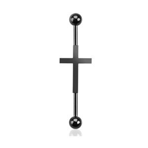 pierced owl 14ga centered cross 316l surgical stainless steel industrial barbell (black)