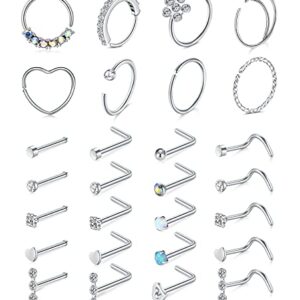 Mayhoop 20g Stainless Steel Nose Rings Hoop L Shape Nose Studs Nose Screw Bone Silver Rose Gold Black Rainbow Pack for Women Men 28Pcs