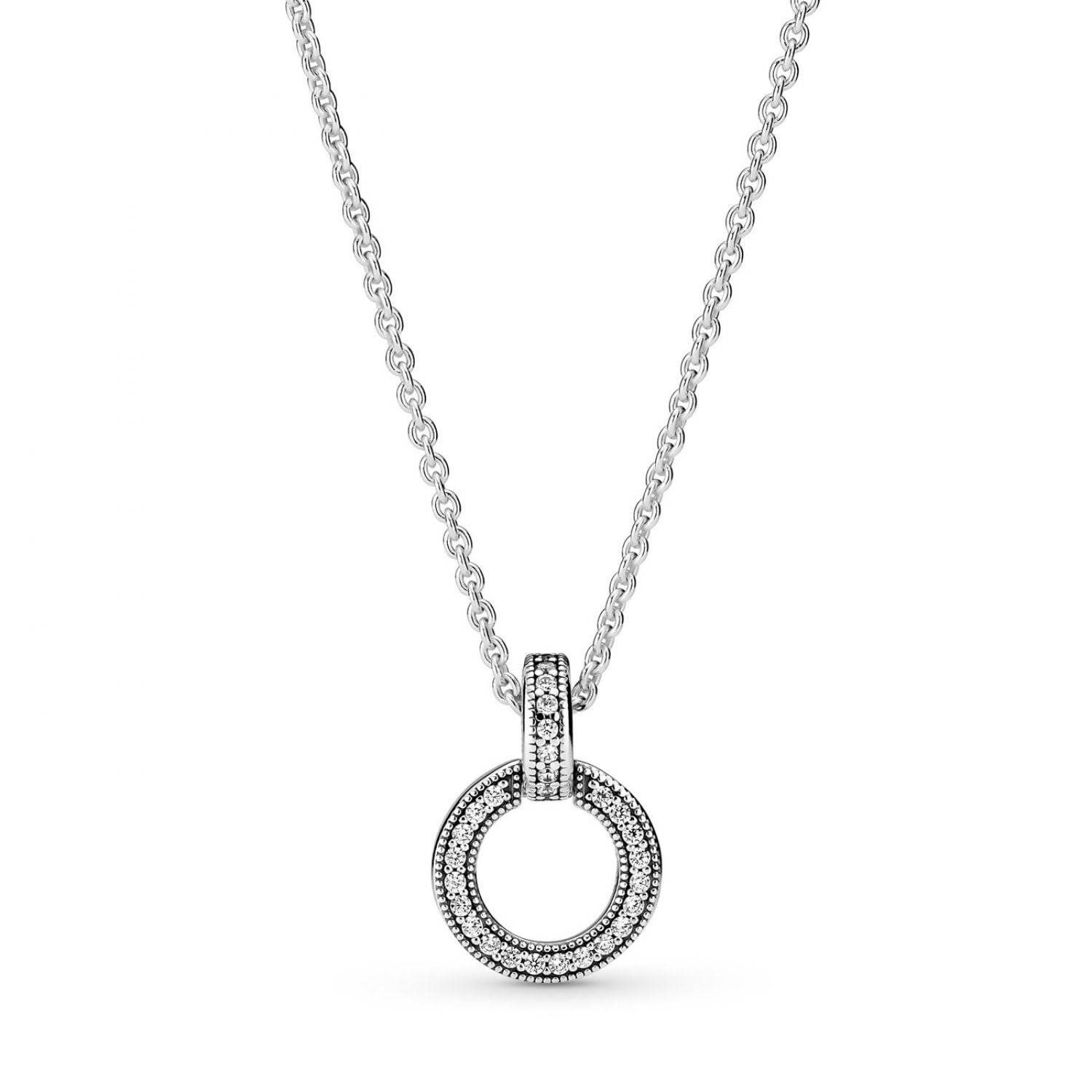 Pandora Double Circle Pendant & Necklace - Elegant Women's Jewelry - Great Gift for Her - Sterling Silver & Cubic Zirconia - 17.7"