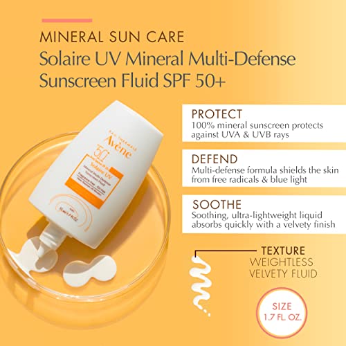 Eau Thermale Avène Solaire UV Mineral Multi-Defense Sunscreen Fluid SPF 50+ - Non-Whitening - Antioxidant & Blue Light Protection - 1.7 fl. oz.