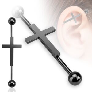 Pierced Owl 14GA Centered Cross 316L Surgical Stainless Steel Industrial Barbell (Black)