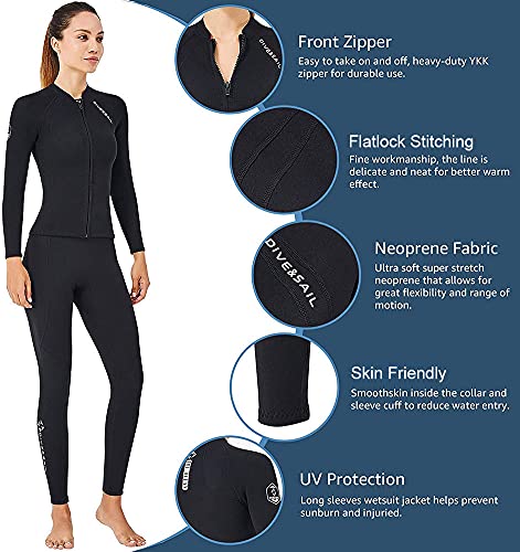 Wetsuit Top Women Men 2MM Neoprene Wetsuit Jacket Long Sleeve Diving Surfing Top, 3MM 1.5MM Wetsuits Shirt Vest Scuba Swimming Snorkeling Suit Swimsuit Warm for Water Sports (2mm Women, M)