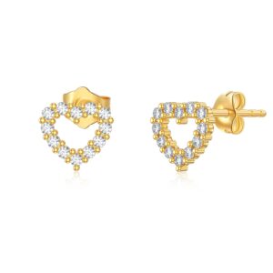 sisgem 14k real gold heart stud earrings with cubic zirconia love heart earring stud earring for women wife best birthday gift always wear (yellow gold)