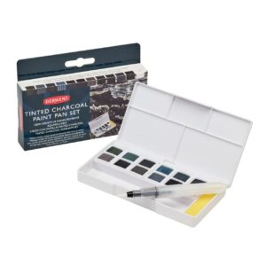 derwent tinted charcoal paint pan set, 12 paints, professional quality, water soluble, blendable, portable, includes palettes, mini waterbrush & cleaning sponge (2305872) 1 count (pack of 1)