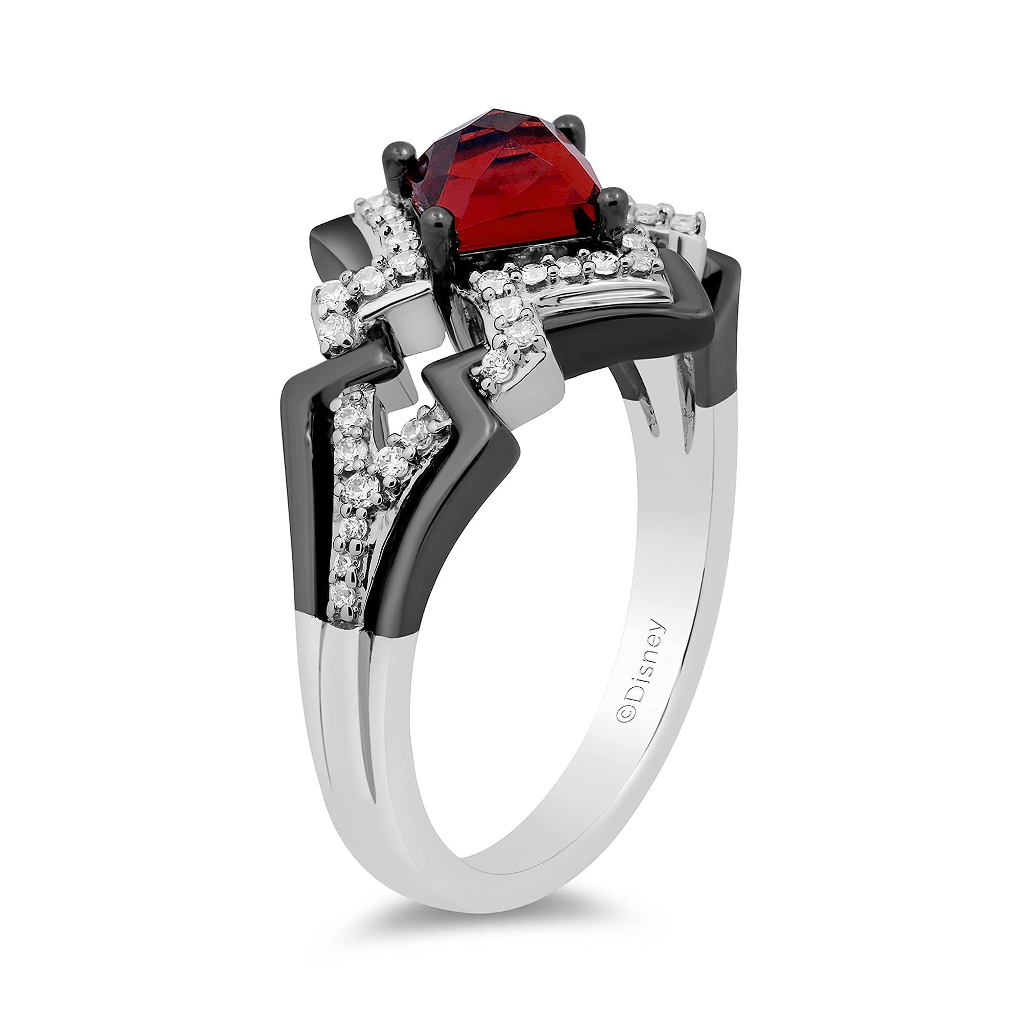 Jewelili Enchanted Disney Fine Jewelry The de Vil is in the Details Sterling Silver and Black Rhodium 1/5 cttw Diamond and Garnet Disney Cruella Live Action Ring, Size 7