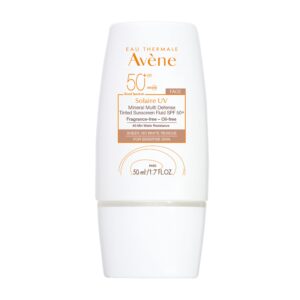 eau thermale avène solarie uv mineral multi-defense tinted sunscreen fluid, clean formula sunscreen for sensitive skin, reef friendly, natural tint, non-whitening, antioxidant protection, 1.7 fl.oz.