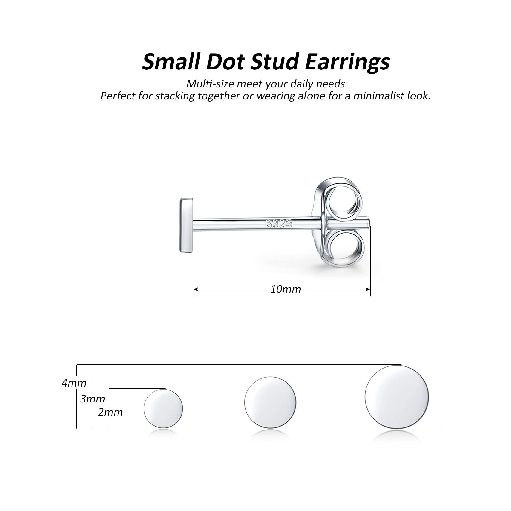 Sterling Silver Stud Earrings for Women, Tiny Flat Dot Earrings Set | Small Hypoallergenic Circle Stud Earrings | Dainty Round Tragus Cartilage Studs for Men (2mm/3mm/4mm)