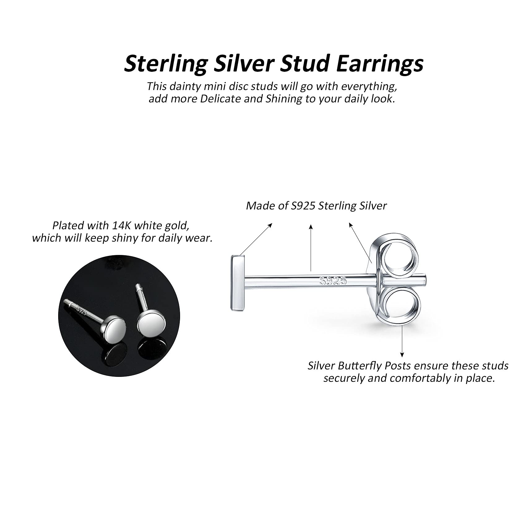 Sterling Silver Stud Earrings for Women, Tiny Flat Dot Earrings Set | Small Hypoallergenic Circle Stud Earrings | Dainty Round Tragus Cartilage Studs for Men (2mm/3mm/4mm)