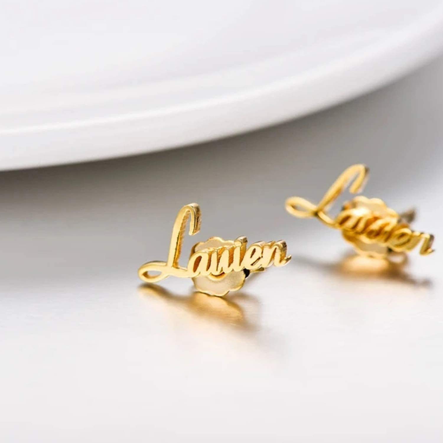 FENCCI 10K/14K/18K Gold Personalized Name Earrings Custom Made with Any Name Promise Earrings Jewelry Gift for Her Women (Yellow Gold)