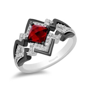 jewelili enchanted disney fine jewelry the de vil is in the details sterling silver and black rhodium 1/5 cttw diamond and garnet disney cruella live action ring, size 7