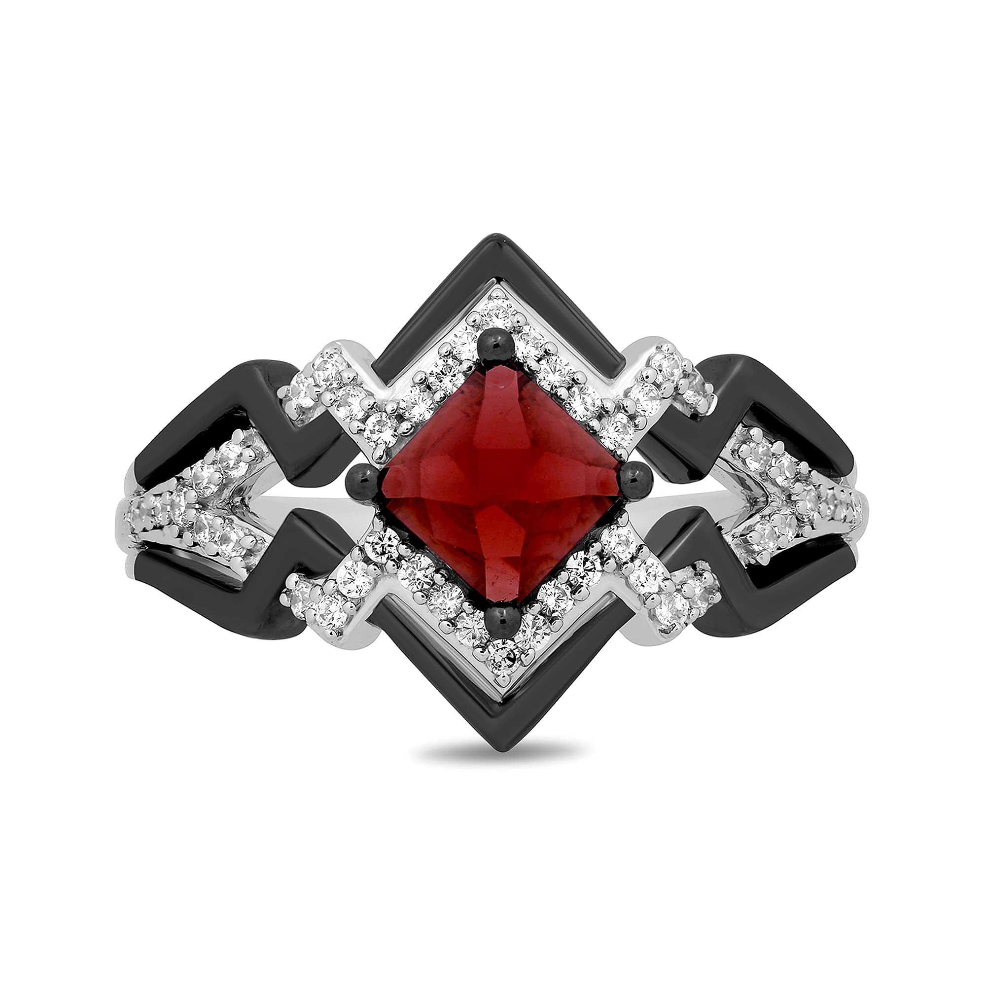 Jewelili Enchanted Disney Fine Jewelry The de Vil is in the Details Sterling Silver and Black Rhodium 1/5 cttw Diamond and Garnet Disney Cruella Live Action Ring, Size 7