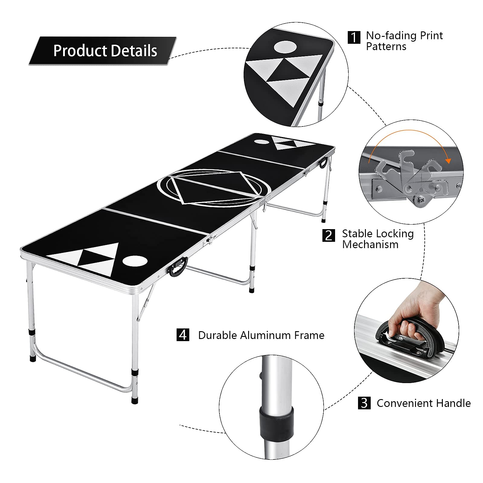 Goplus 8 Ft Portable Beer Pong Table, Foldable Party Pong Tailgate Table W/ 2-Level Adjustable Height & Carrying Handles, Party Drinking Game Table for Outdoor & Indoor