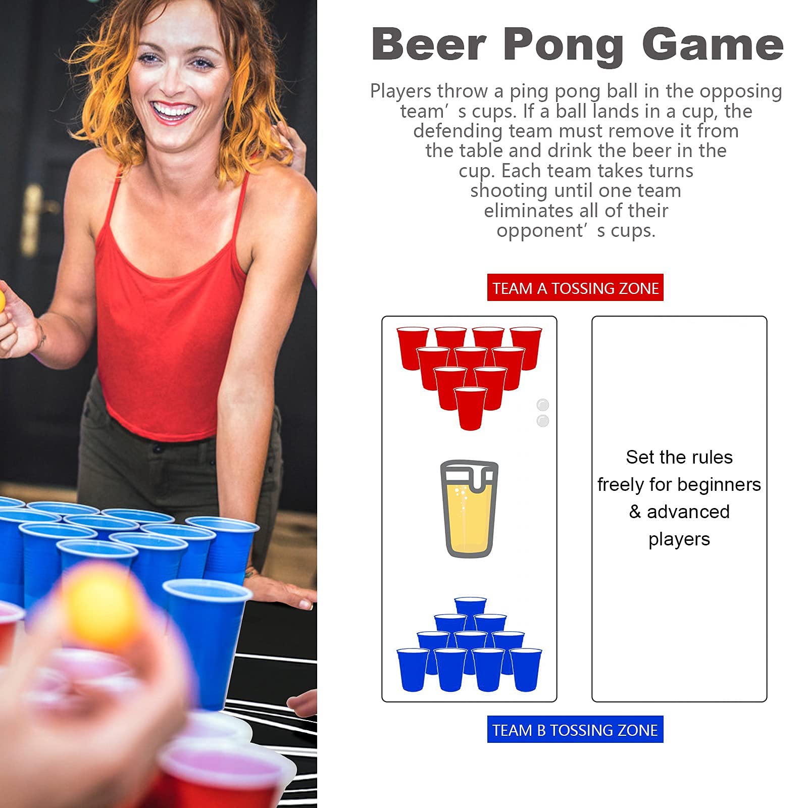 Goplus 8 Ft Portable Beer Pong Table, Foldable Party Pong Tailgate Table W/ 2-Level Adjustable Height & Carrying Handles, Party Drinking Game Table for Outdoor & Indoor