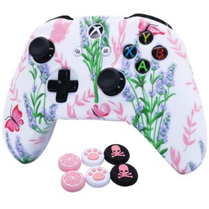 ralan pink controller skins for xbox one, silicone controller cover skin protector compatible for xbox ones controller (pink pro thumb grip x 2,cat + skull cap &cover grip x 2) blue butterfly pink