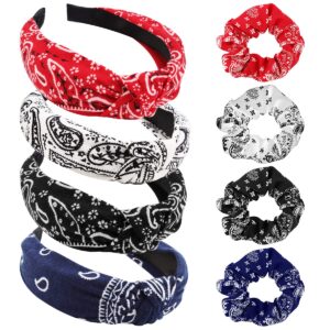 tobatoba 8 pack vintage boho paisley bandanas for women - wide knotted turban headbands with elastic top knot, no slip (4set black red blue white)