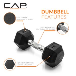 CAP Barbell 15 LB Coated Hex Dumbbell Weight, New Edition