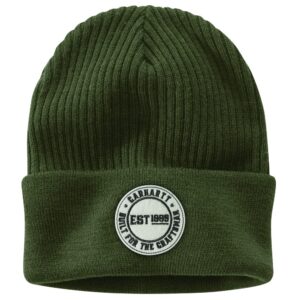 carhartt men's knit cuffed craftsman patch beanie, basil, ofa